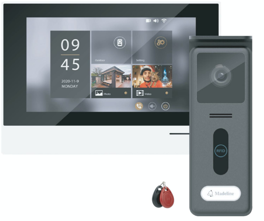 2-wire videophone with 7" touch screen and RFID unlocking